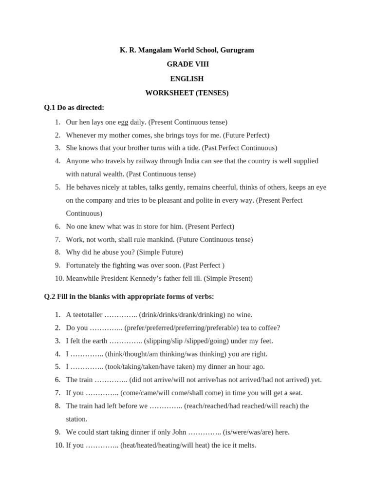 Grade VIII English Tenses Worksheet | PDF