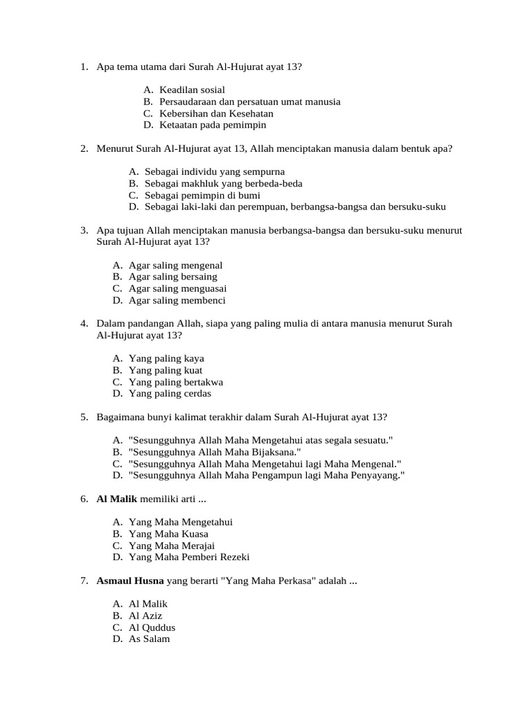 Tema Surah Al-Hujurat untuk Kelas 4 | PDF | Quran | Islam