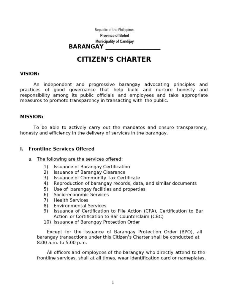 Draft Citizen Charter For Barangay | PDF