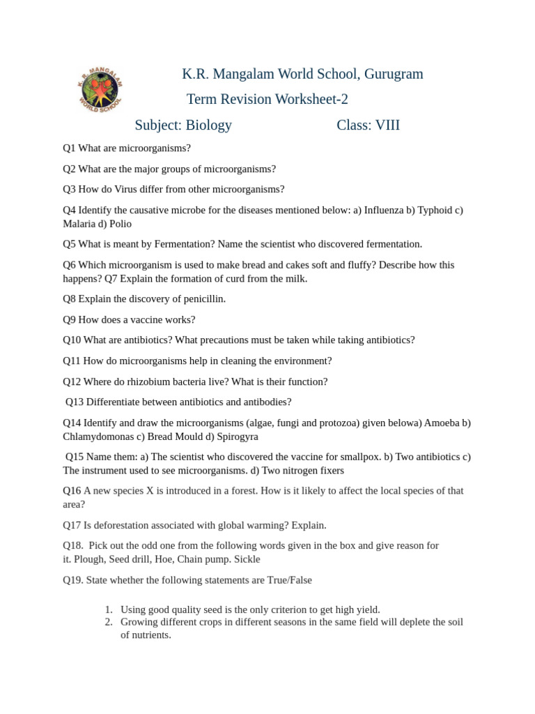 Biology Term Revision Worksheet for Class VIII | PDF | Microorganism | Science & Mathematics