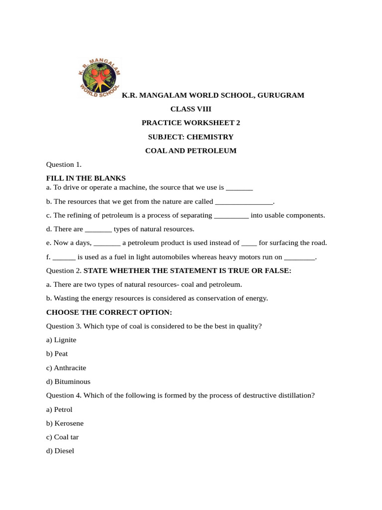 Class 8 Worksheet: Coal and Petroleum | PDF | Petroleum | Coal