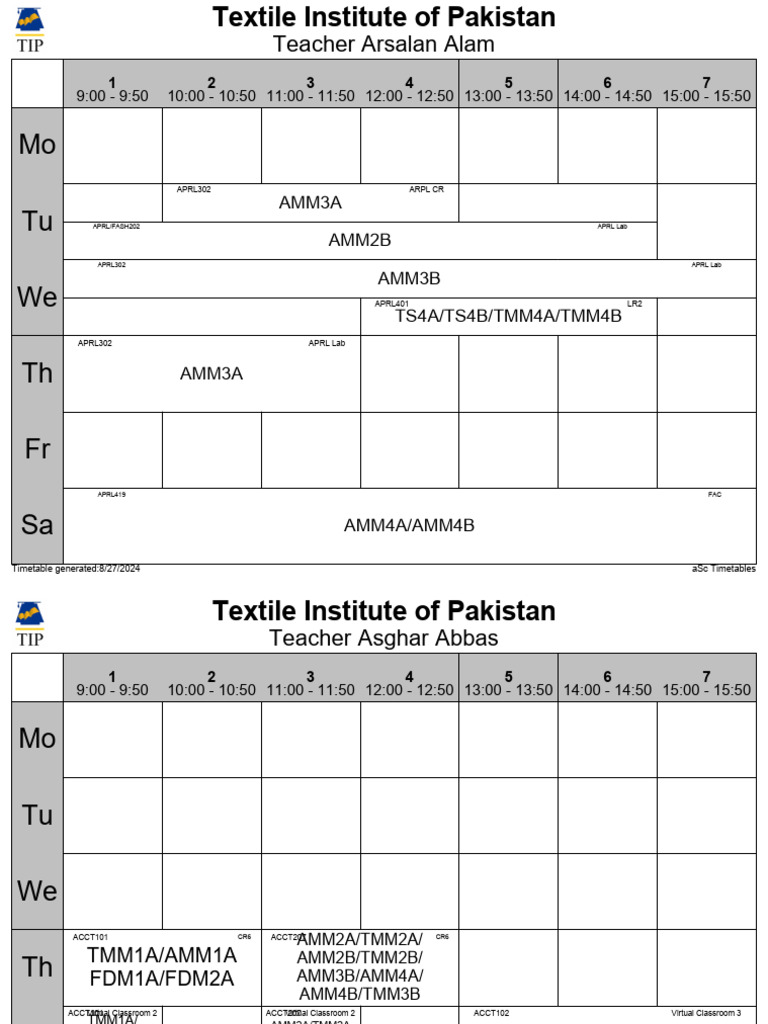 Timetable Fall 2024 Teacherwise 20240827 | PDF