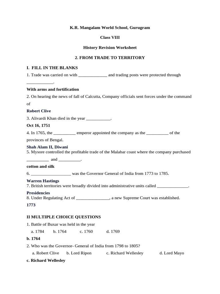 From Trade To Territory Worksheet | PDF | East India Company | Bengal