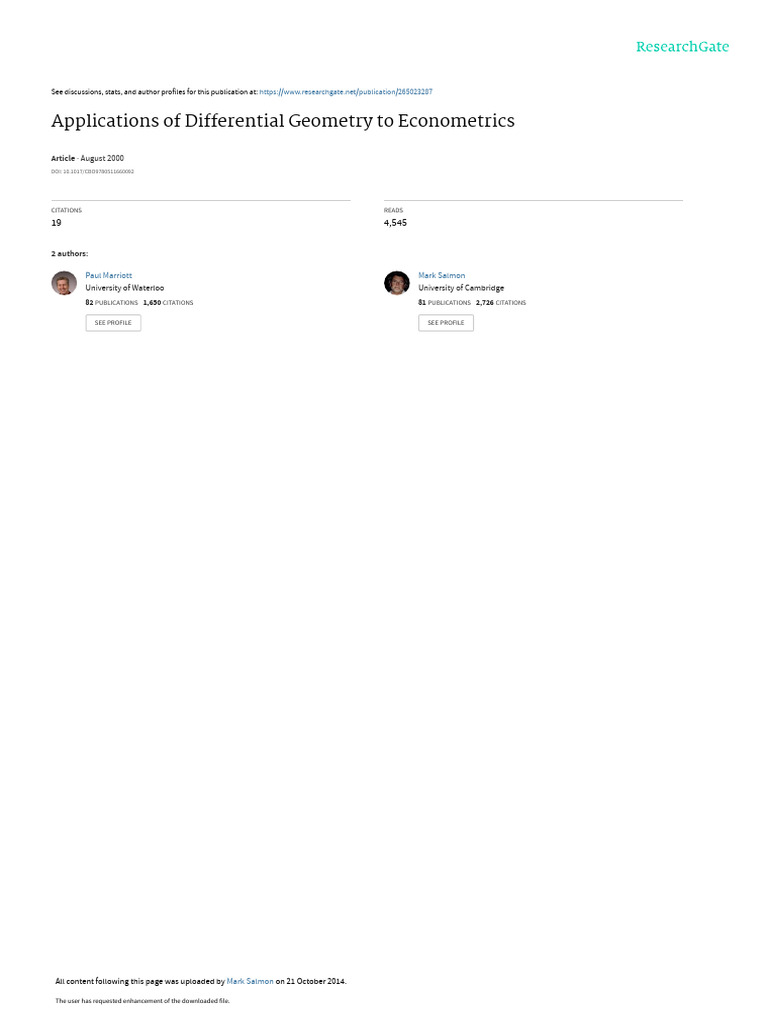 Applications of Differential Geometry To Econometr | PDF