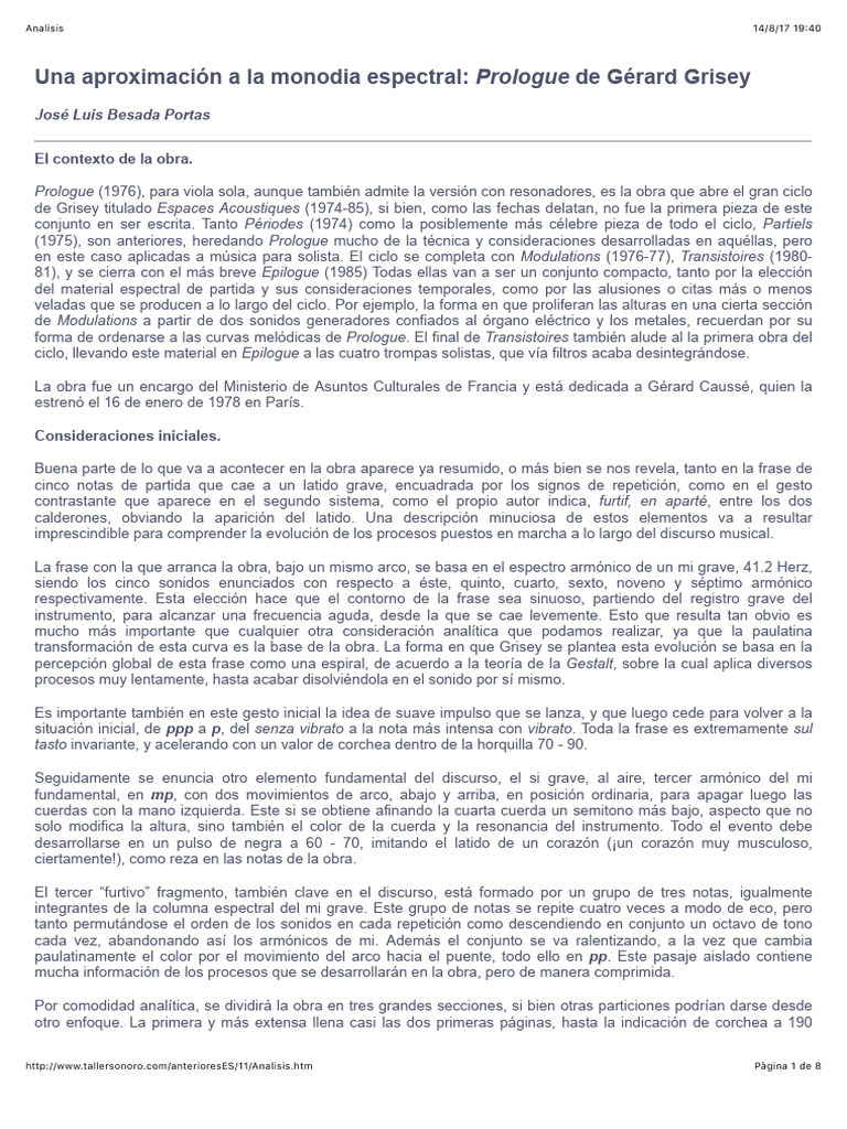 Besada (2006) Análisis de Prologue de Grisey | PDF