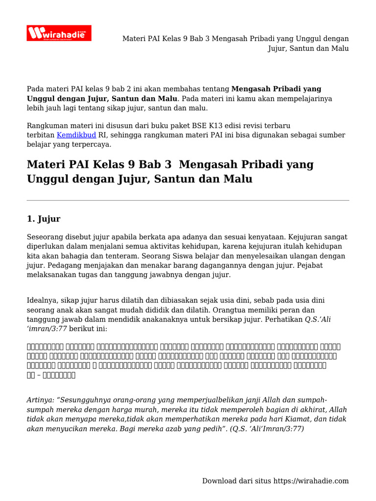 Materi PAI Kelas 9 Bab 3 Mengasah Pribadi Yang Unggul Dengan Jujur, Santun Dan Malu | PDF