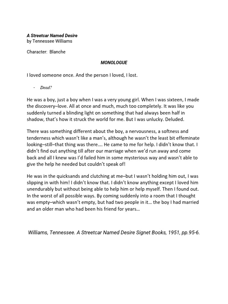 A Streetcar Named Desire Monologue | PDF