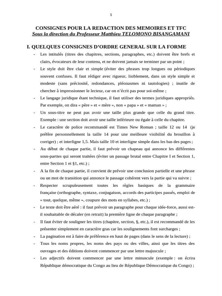 Consignes de Redaction Memoires Et TFC Diriges Par Le Prof M Telomono | PDF