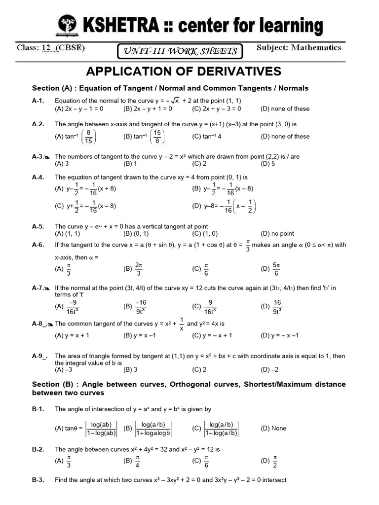 Class 12 Unit-3 Mathematics Worksheets | PDF