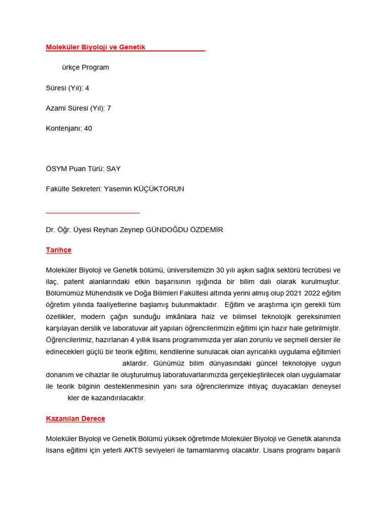 EK1 - Moleküler Biyoloji Ve Genetik Bölümü - Program Bilgileri | PDF