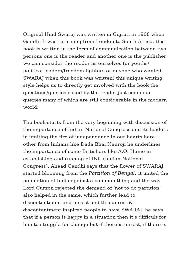 Original Hind Swaraj Was Written in Gujrati in 1908 When Gandhi Ji Was ...