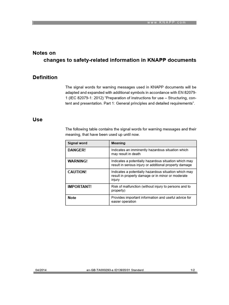Changes To Safety-Related Information in KNAPP Documents (System ...