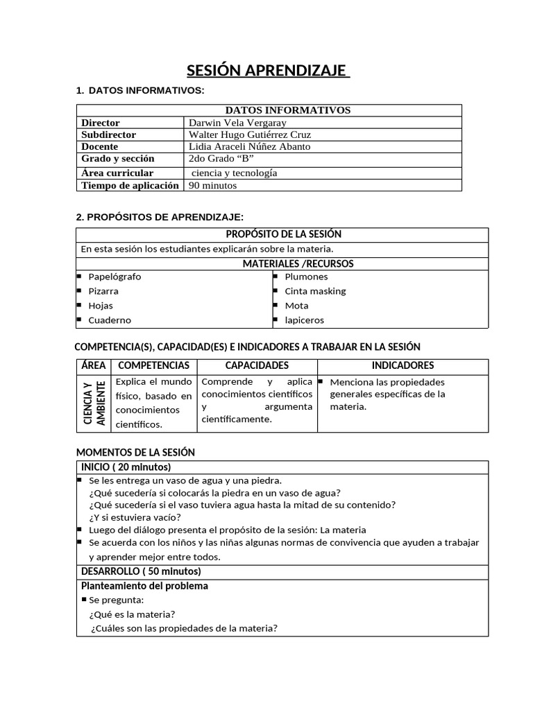 Sesion Aprendizaje La Materia | PDF