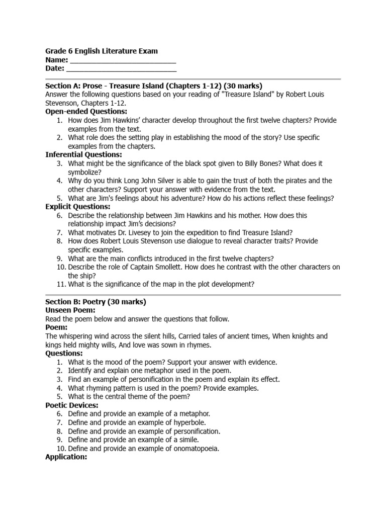 Grade 6 English Literature Exam | PDF