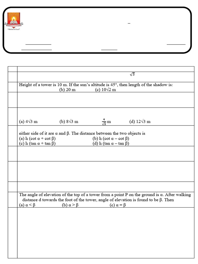 Application of Trigonometry Worksheet Grade X | PDF