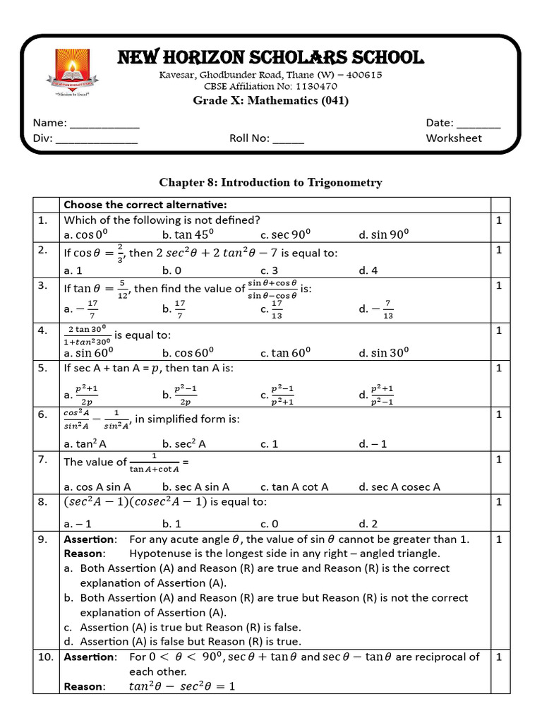 Trigonometry Worksheet | PDF
