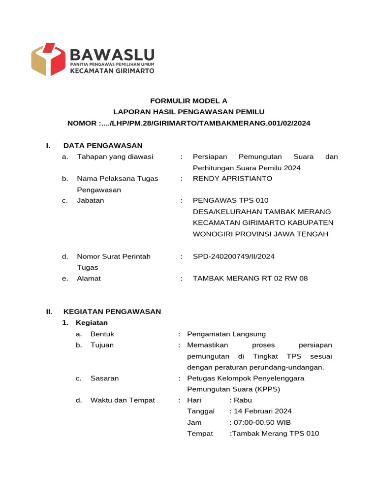FORM A PTPS (Laporan Hasil Pengawasan Persiapan Pemungutan Suara) | PDF