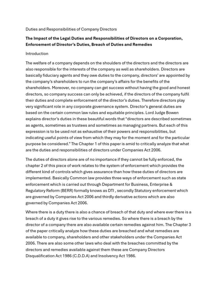 Duties and Responsibilities of Company Directors | PDF
