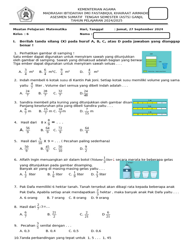 ASTS Matematika Ganjil Kelas 6 Tahun 2024 | PDF