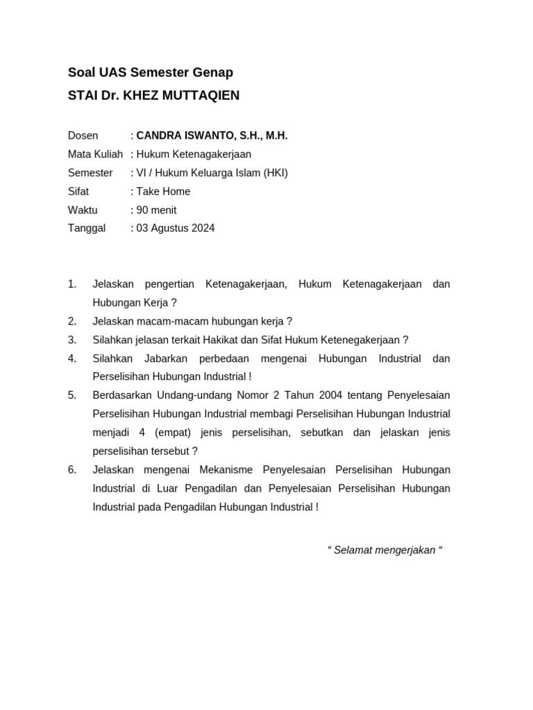 Soal Uas Hukum Ketenagakerjaan Hki Vi | PDF