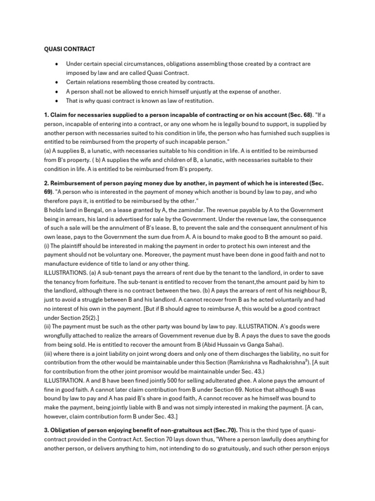 Quasi Contract and Contingent Contract | PDF