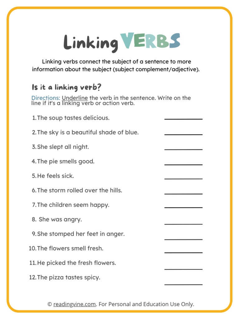 Underline the Verbs Linking Verb Activity | PDF