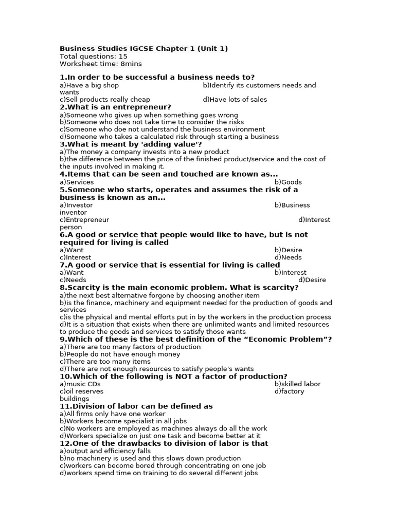 Chapter 1 Business Studies | PDF