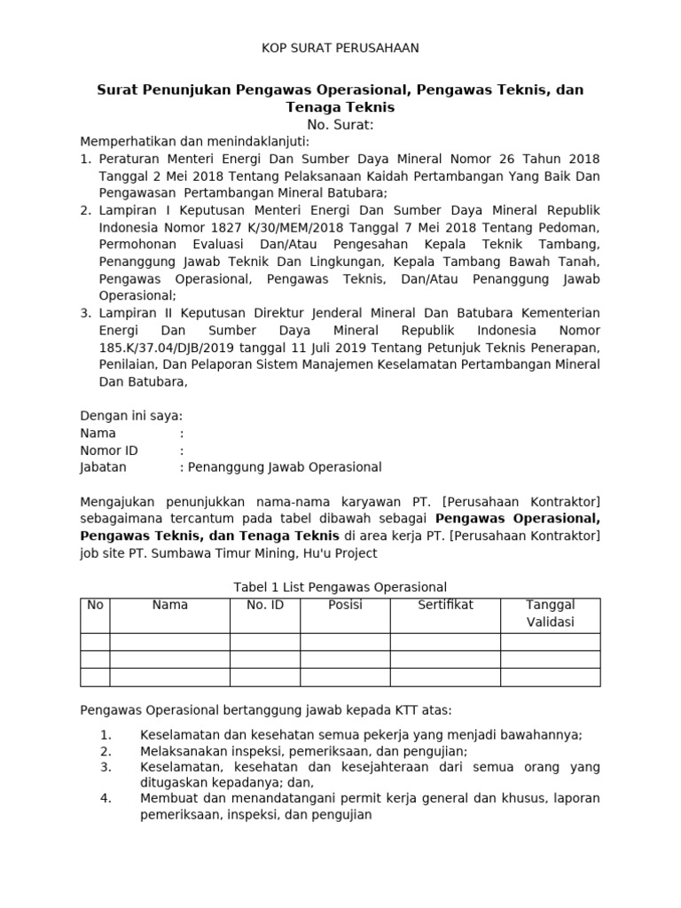 Format Surat Pengajuan Pengawas Operasional, Pengawas Teknis, Tenaga ...