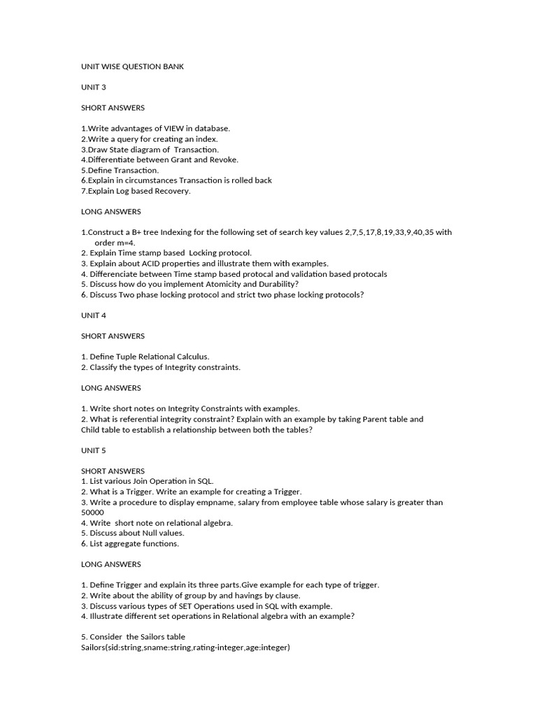 UNIT WISE QUESTION BANK Dbms | PDF | Computers