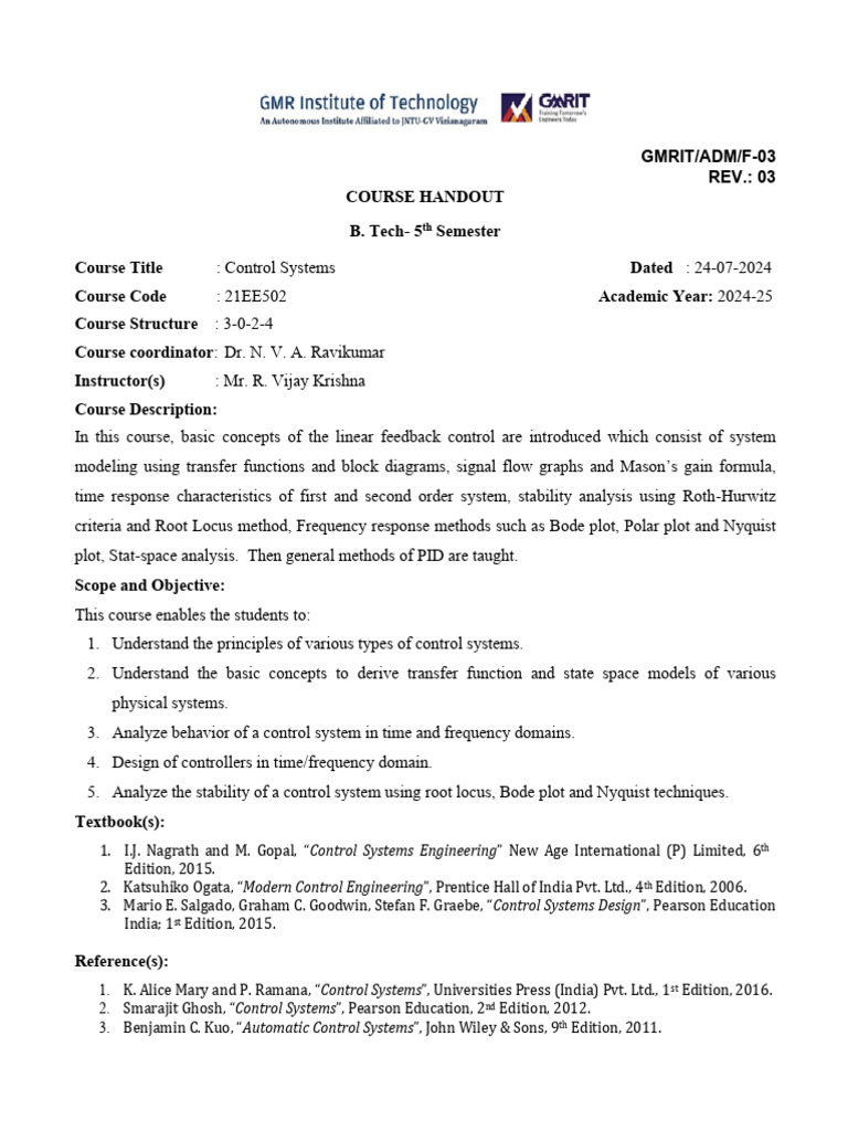 Handout BTech 2024-25 EEE 5th Sem CS | PDF