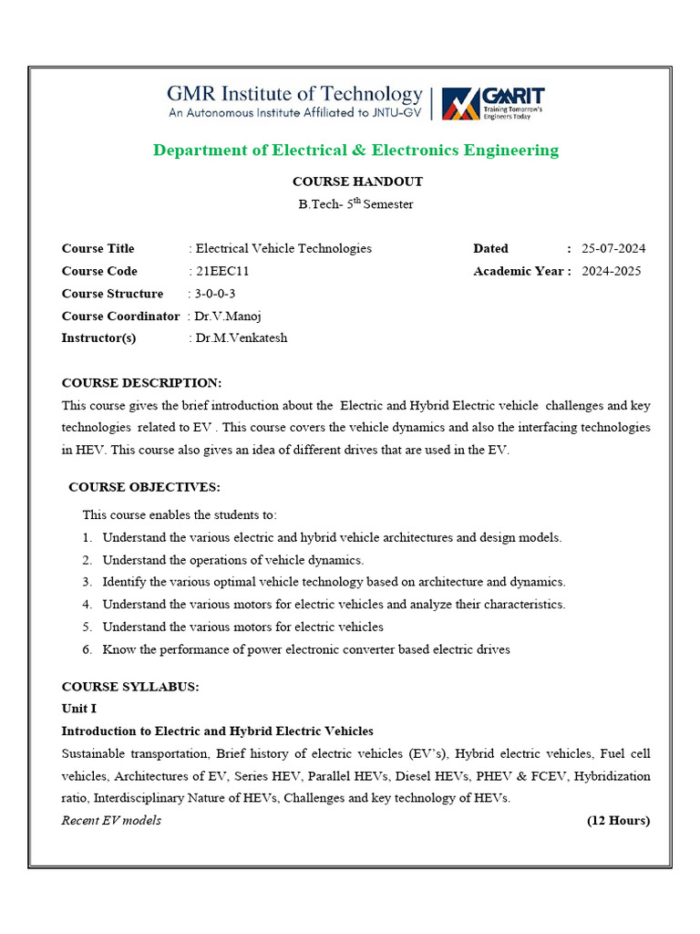 Handout BTech 2024-25 EEE 5th Sem EVT | PDF