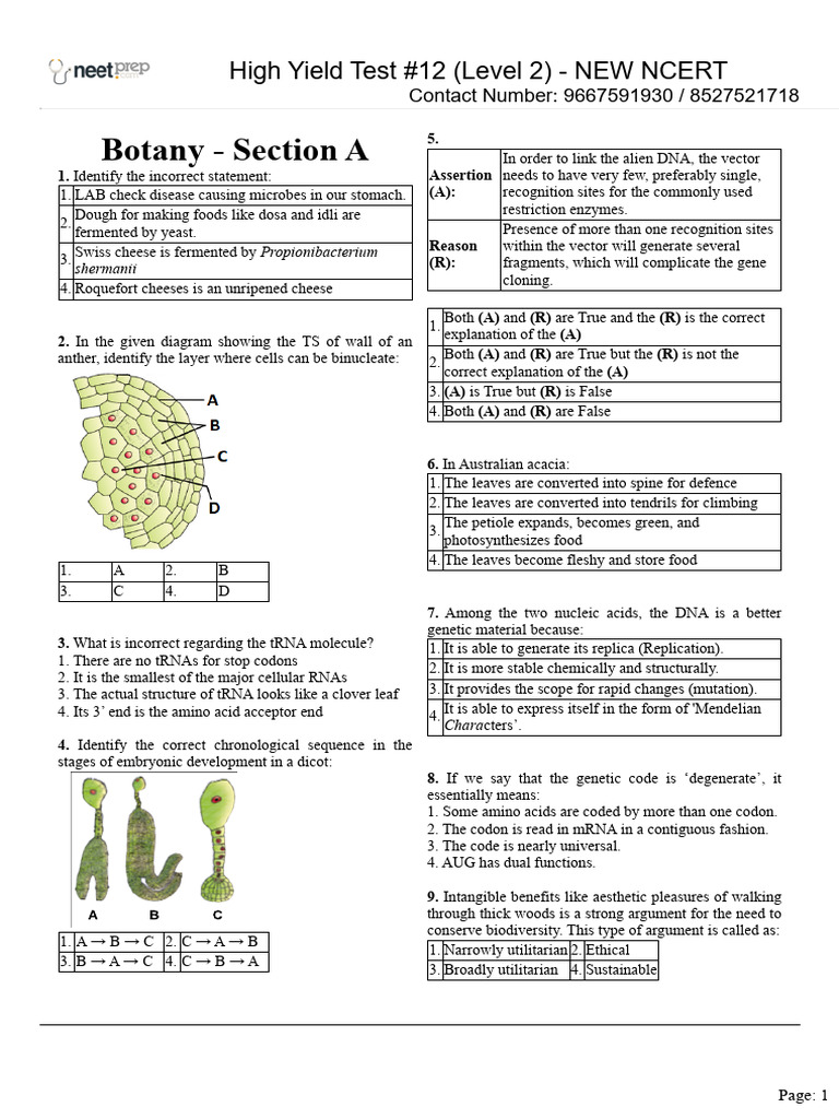 High Yield Test #12 (Level 2) - NEW NCERT | PDF