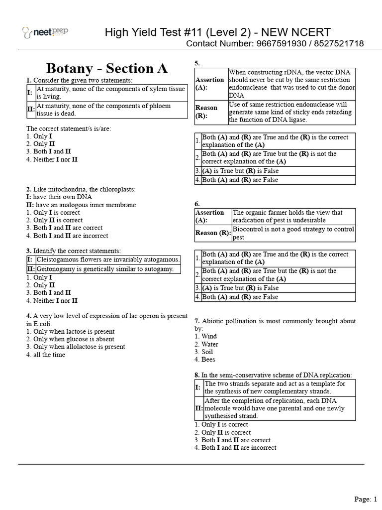 High Yield Test #11 (Level 2) - NEW NCERT | PDF