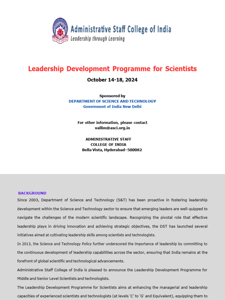 Brochure - Leadership Development Programme For Scientists (HYD) | PDF ...