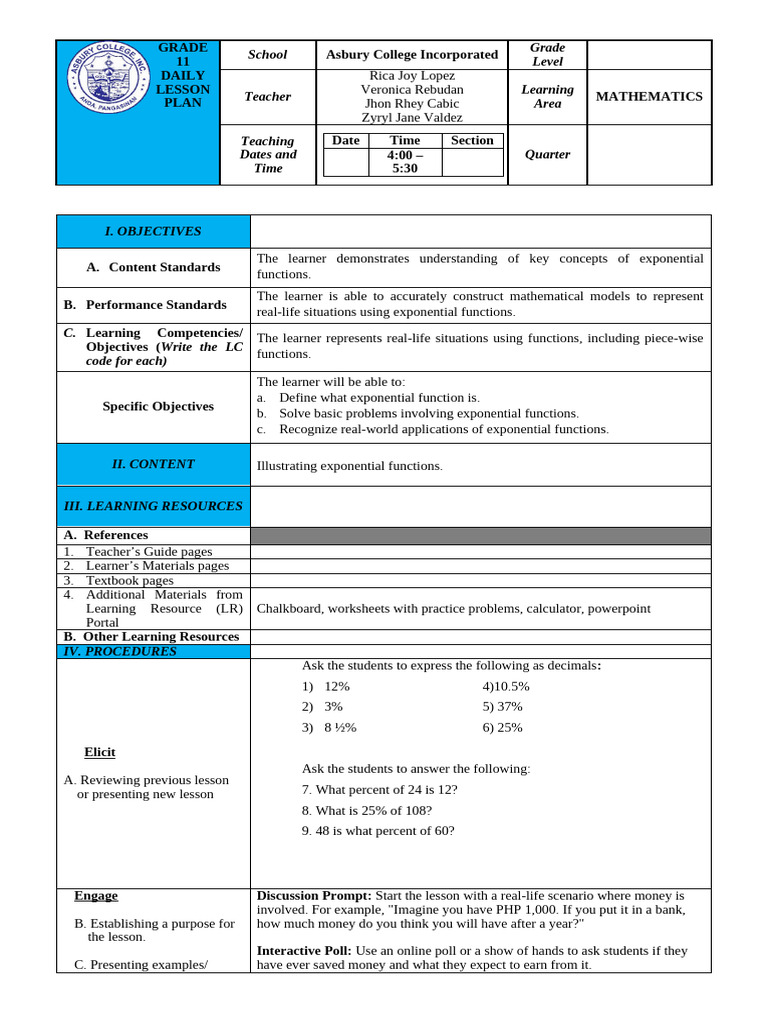 Exponential Function (Lesson Plan) | PDF