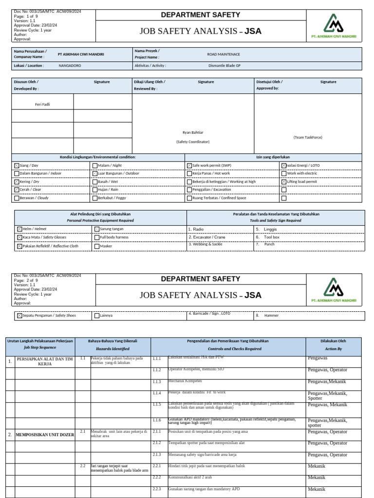 003.JSA Melepas Blade Arm Dozer Fix | PDF