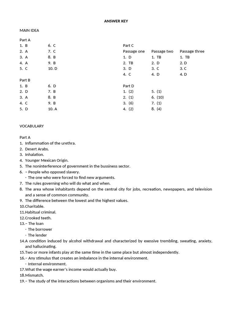 ANSWER KEY Reading NR | PDF