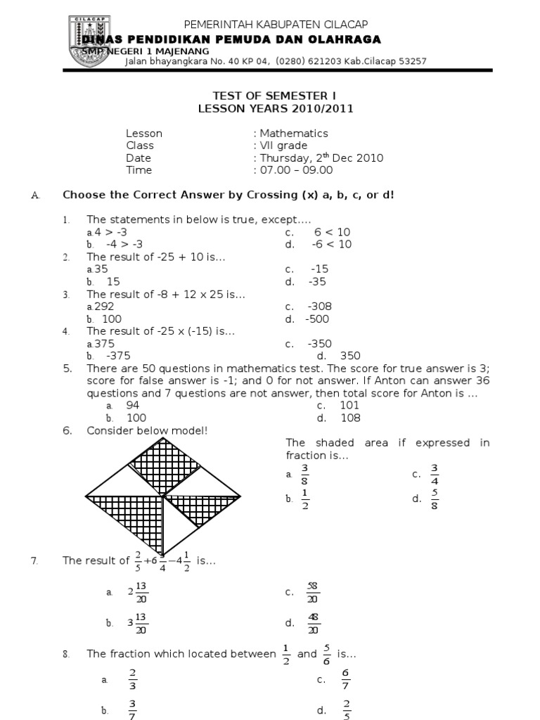 Test MTK Semester 1 Class 7 2010 | PDF | Equations | Teaching Mathematics