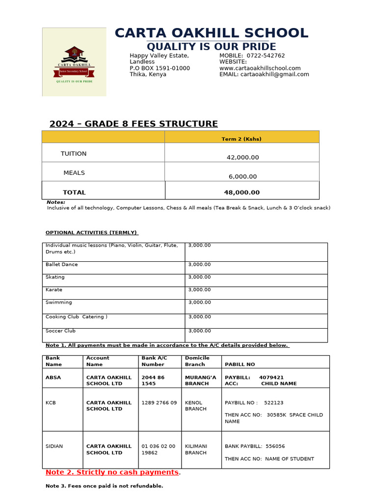 GRADE 8 - Fees Structure 2024 Term 2 | PDF