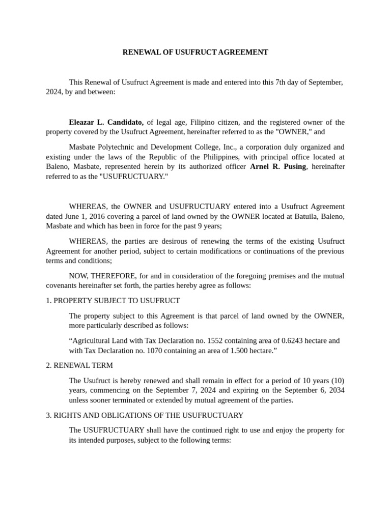 RENEWAL OF USUFRUCT AGREEMENT | PDF