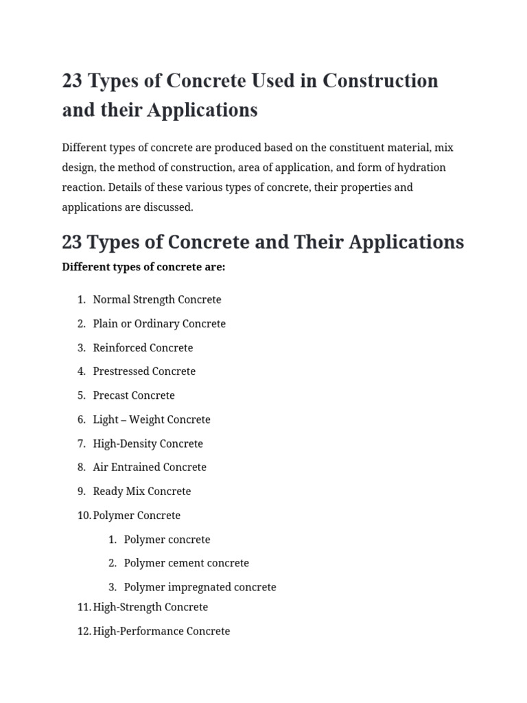 23 Types of Concrete Used in Construction and Their Applications | PDF