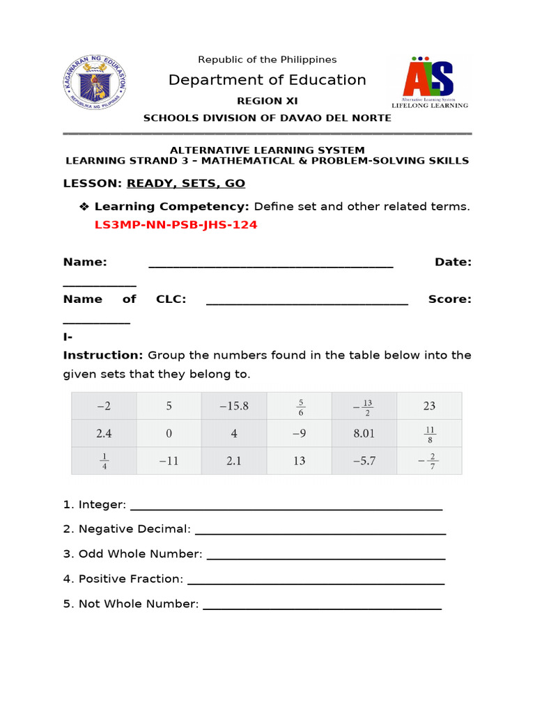 Als Activities Ls3 Mathematics 113644 | PDF | Integer | Career & Growth