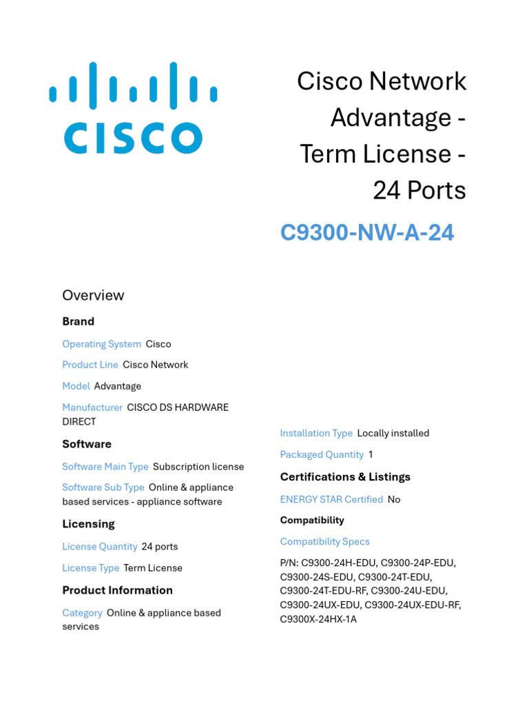 Cisco Network Advantage - Term License - 24 Ports: C9300-NW-A-24 | PDF