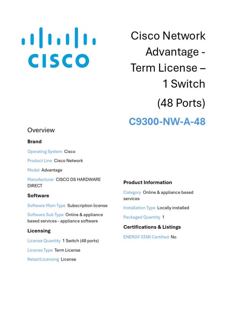 Cisco Network Advantage - Term License - 1 Switch (48 Ports) | PDF