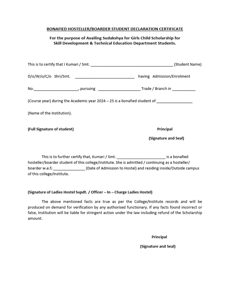 Bonafide Hosteller Certificate for Scholarship | PDF | Career & Growth ...