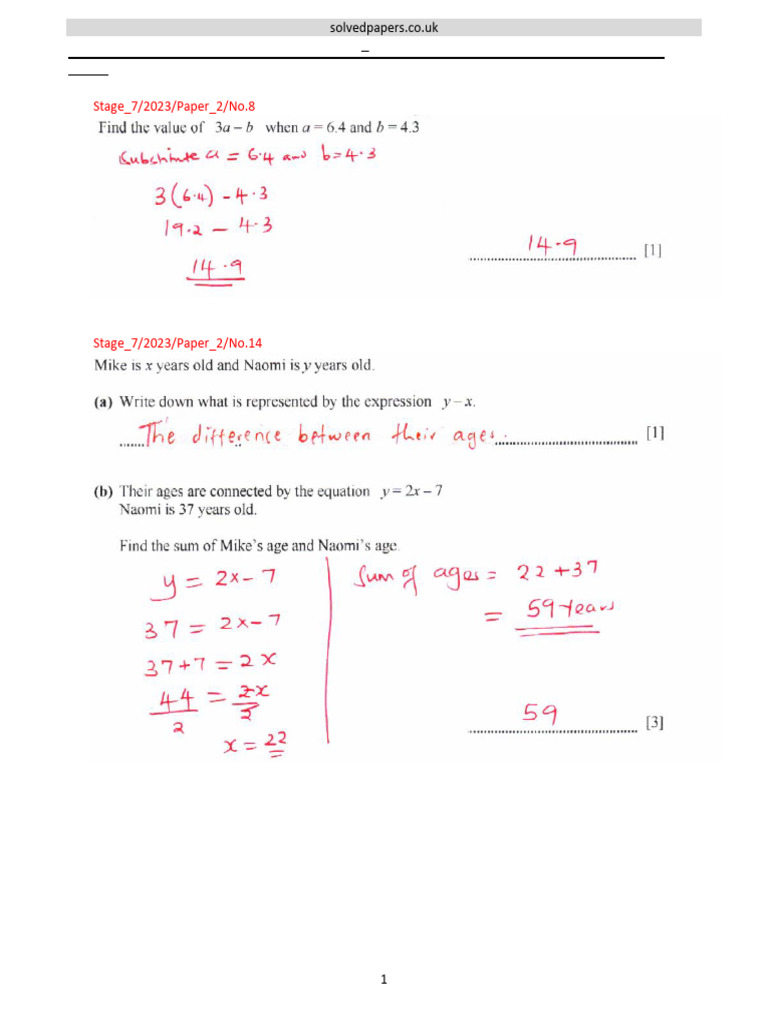 Algebraic-Representations-and-manipulation-checkpoint Sec1 Math Progression Stage-7 Solved | PDF