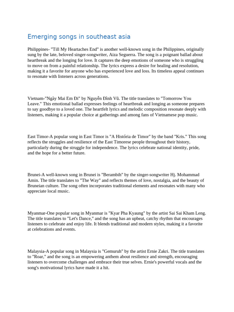 Emerging Songs in Southeast Asia | PDF