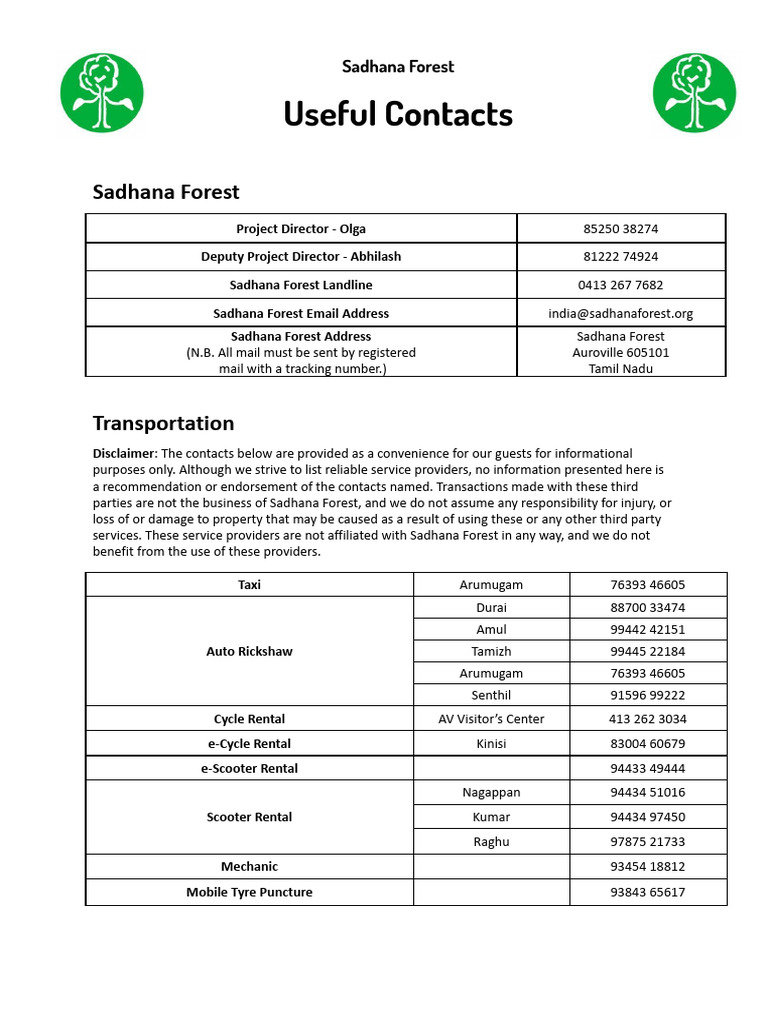 Sadhana Forest India Useful Contacts | PDF