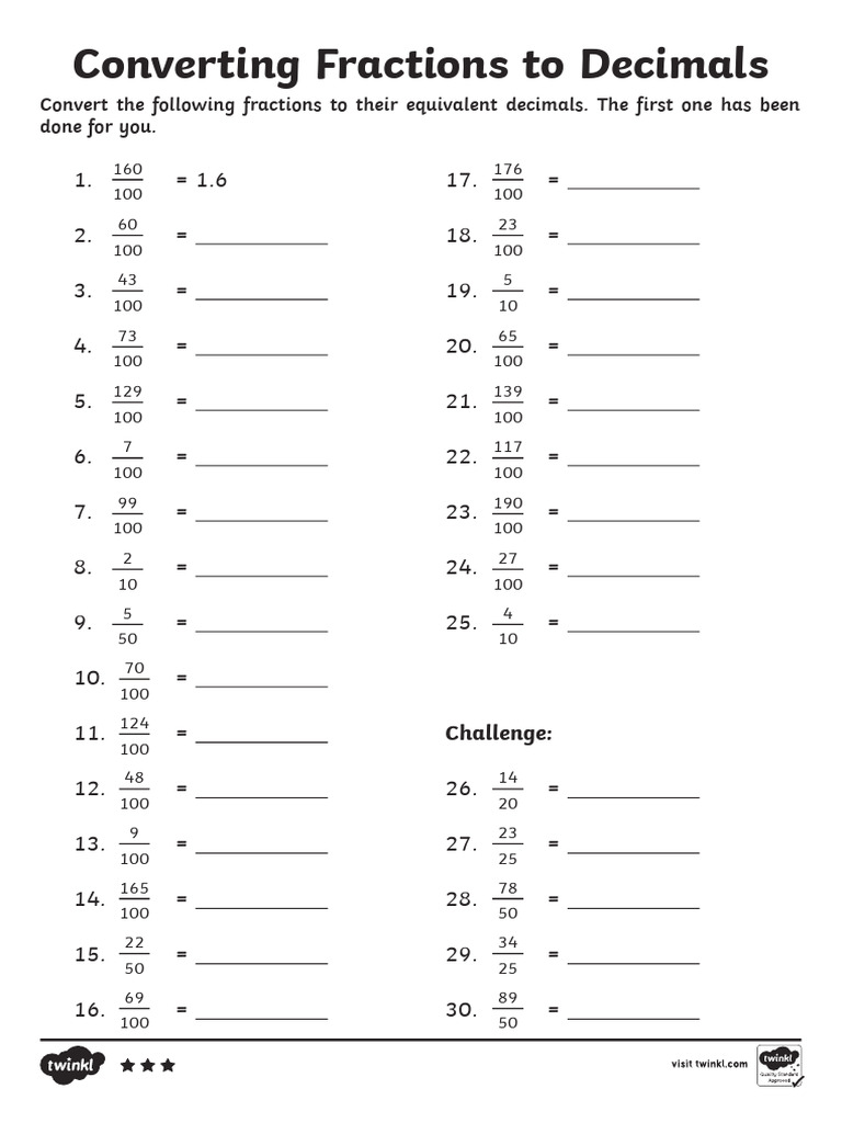 Min Thet Soe Au t2 M 2517 Converting Fractions To Decimals Differentiated Activity Sheets Year 4 ...