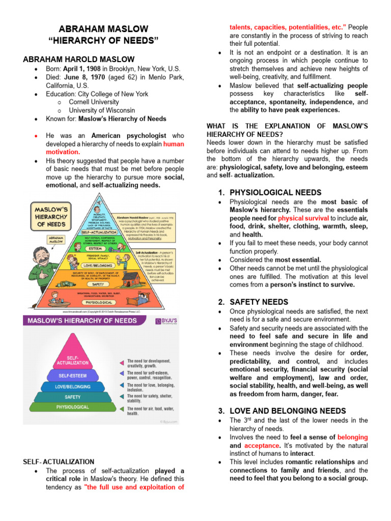 Abraham Maslow's Hierarchy of Needs | PDF | Self Actualization ...